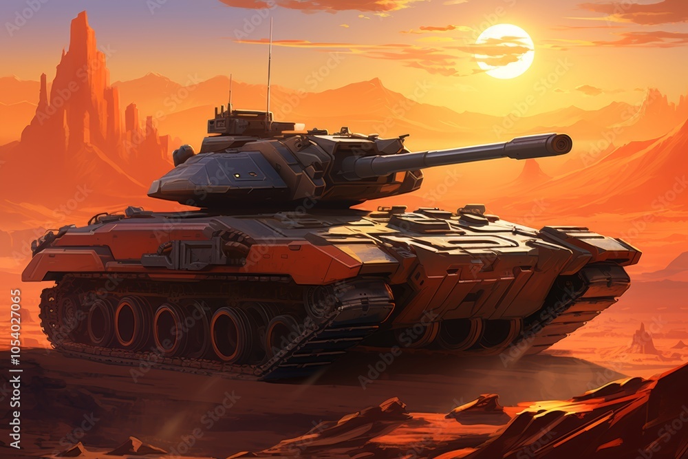 Tank maneuvers through dusty terrain at sunset, ready for action in a ...