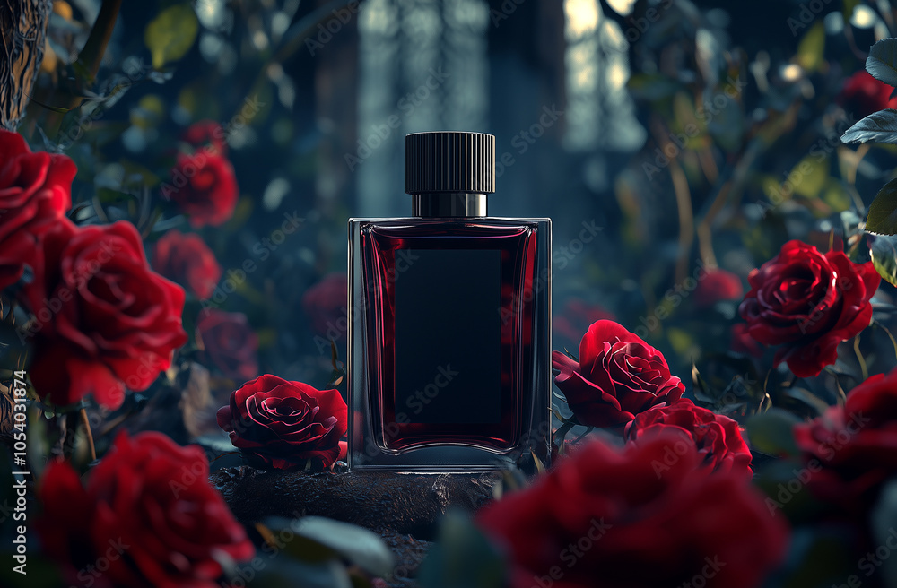 Glass rectangular perfume bottle with burgundy liquid inside and black ...