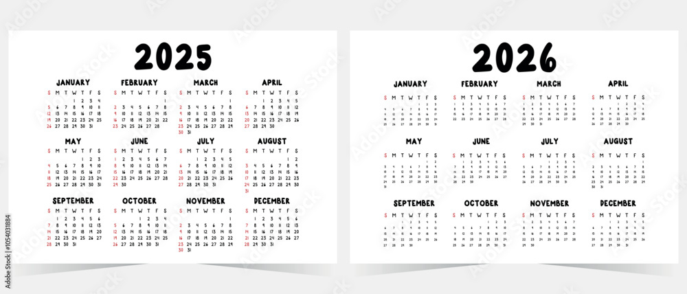 Vector classic calendars for 2025, 2026 year template on white isolated ...