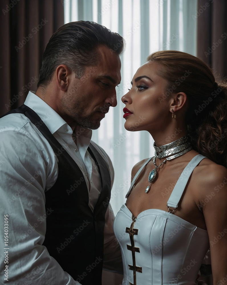Intense Stare Between Elegant Couple in Dark Romantic Style with ...