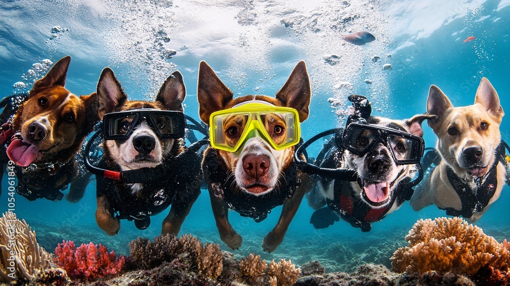dogs wearing scuba gear, swimming underwater, surrounded by colorful ...