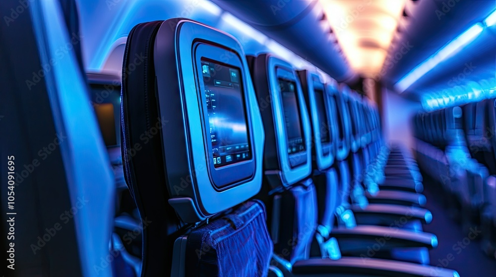 Side view of airplane seats lined up in a row, with soft cabin lighting ...