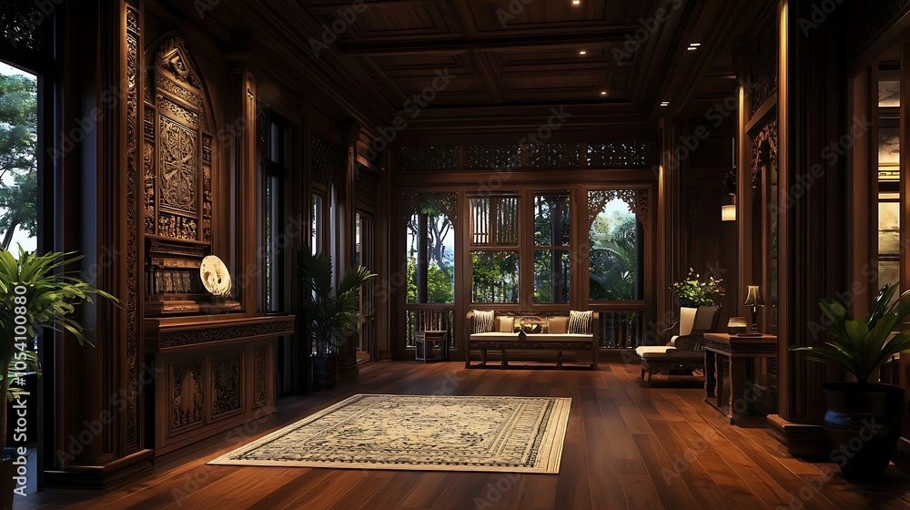 Elegant interior of a traditional Thai house with wooden flooring and ...