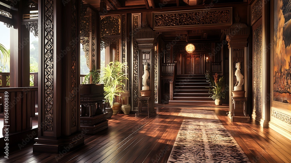Elegant interior of a traditional Thai house with wooden flooring and ...