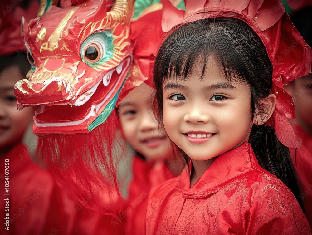 Group of young people in red costumes celebrating the Year of the Green ...