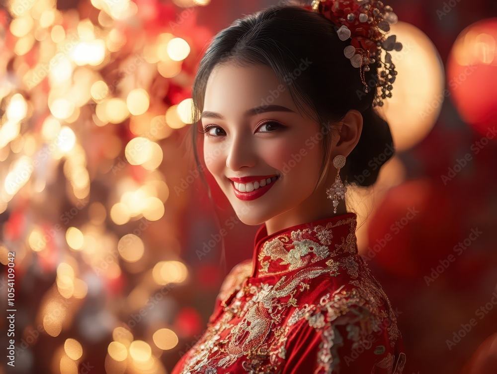 Happy woman in traditional cheongsam smiling during the New Year ...