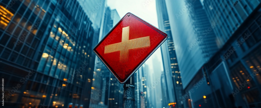 A red diamond-shaped road sign with a white plus symbol in the middle ...