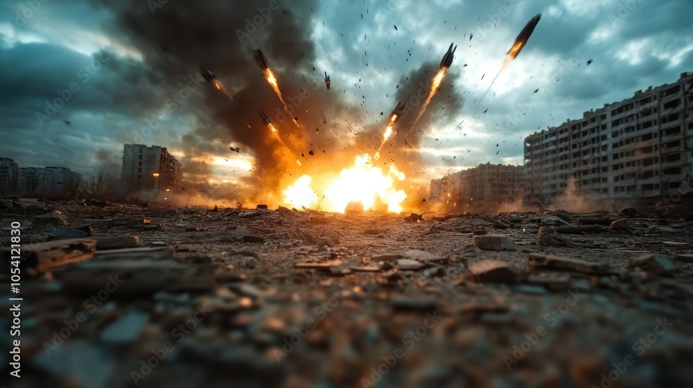 A devastating explosion rocks an urban landscape, sending fiery debris ...