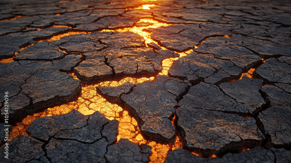 Cracked earth surface illuminated by glowing lava, showcasing the harsh ...