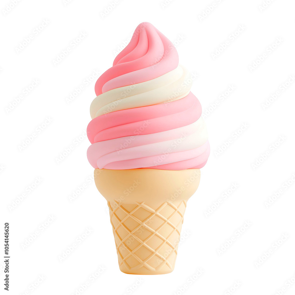 3D illustration of a soft serve ice cream cone with swirled pink and ...
