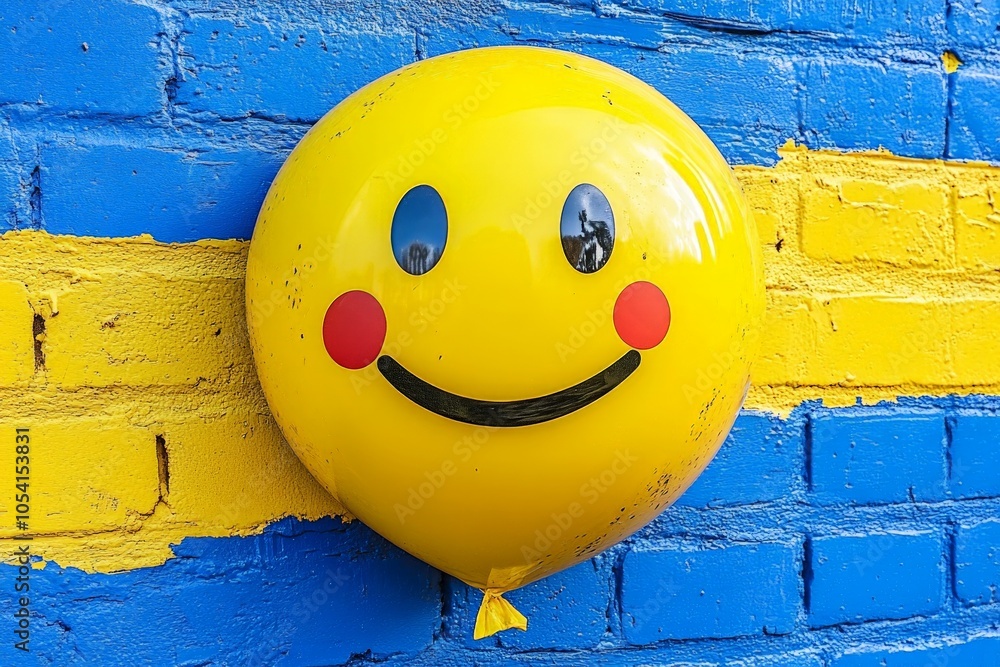 Yellow smiley face painted on a brick wall symbolizing positivity urban ...