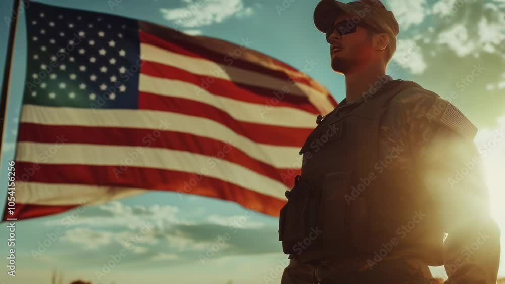 Patriotic american soldier stands with the us flag waving behind him ...