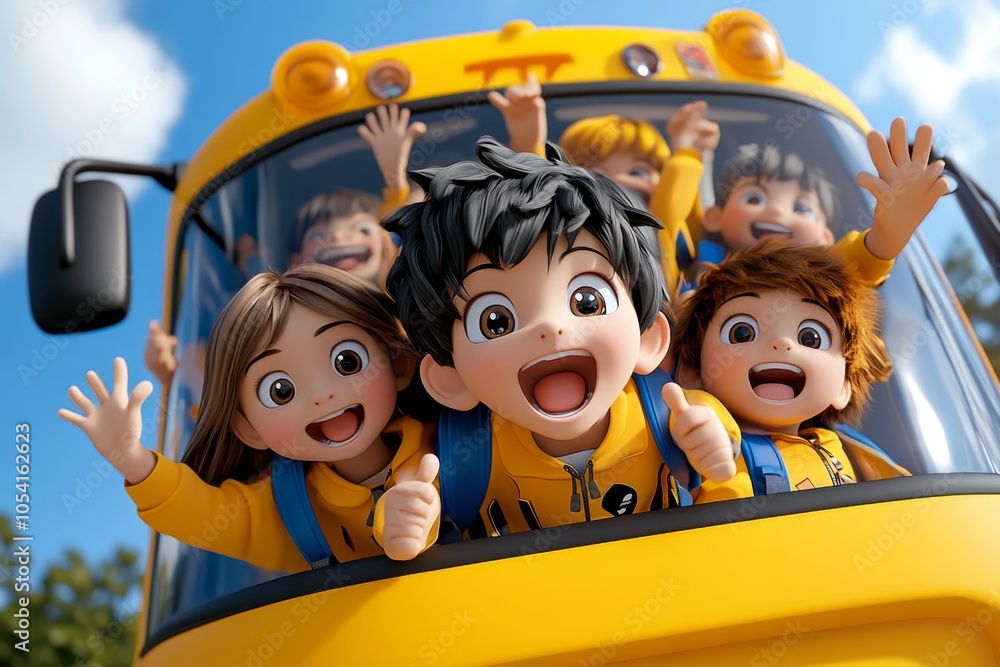a 2D cartoon illustration of a school bus full of happy children bright ...