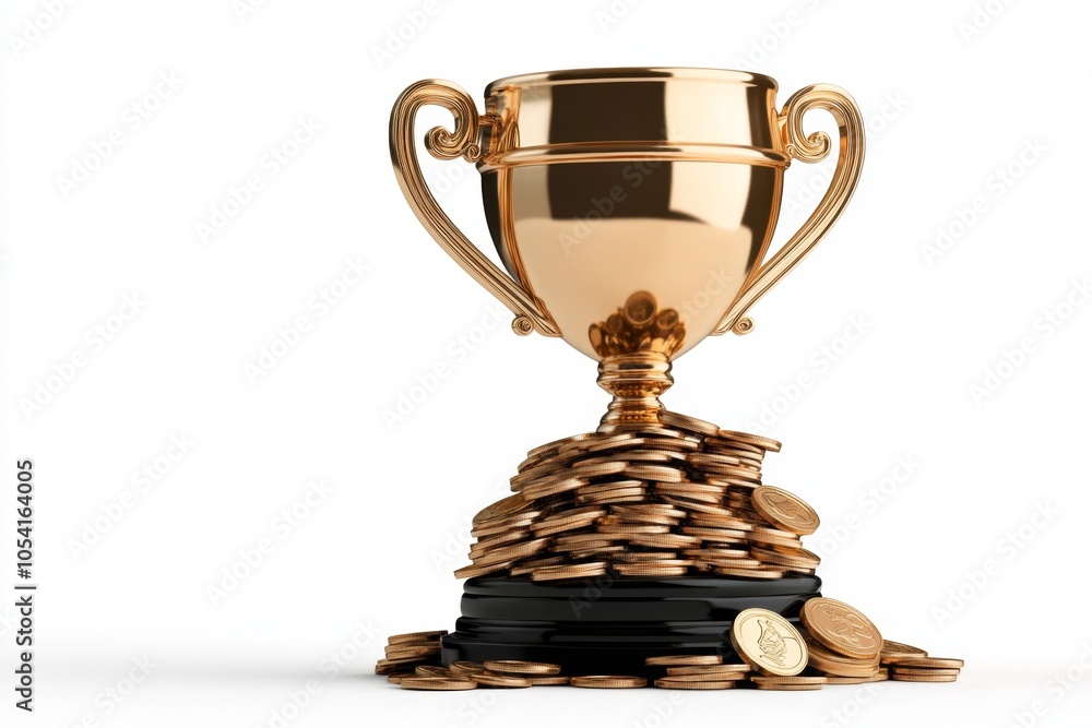 a 2D cartoon illustration of a trophy with gold coins around it ...