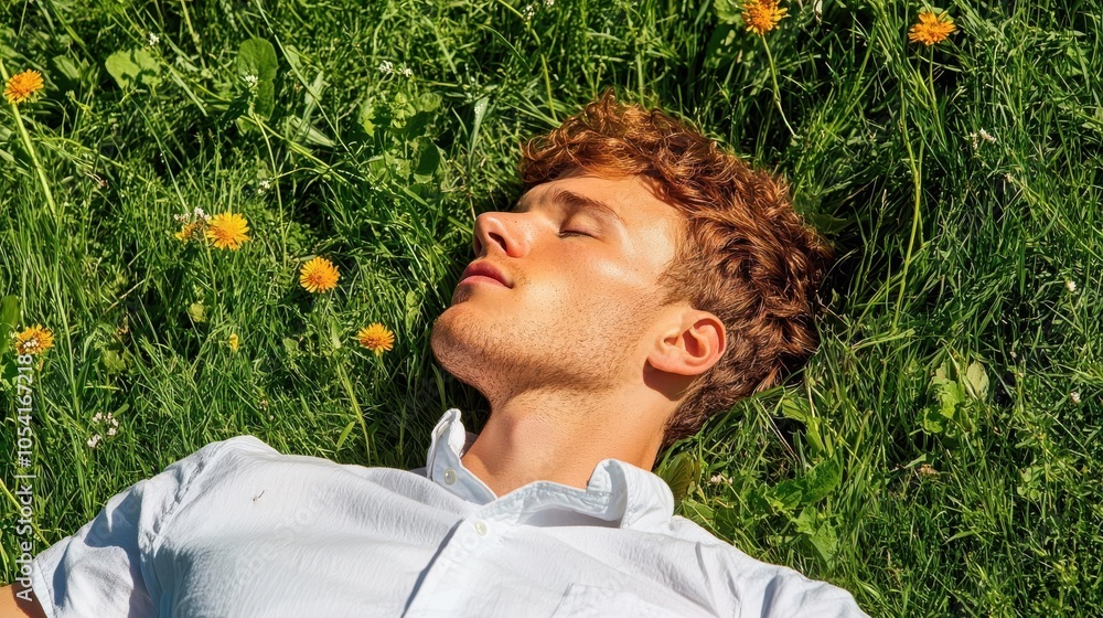 Man lying in a meadow during daylight, portraying excessive sleepiness ...