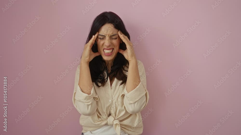 Woman expressing frustration over an isolated pink background wall ...