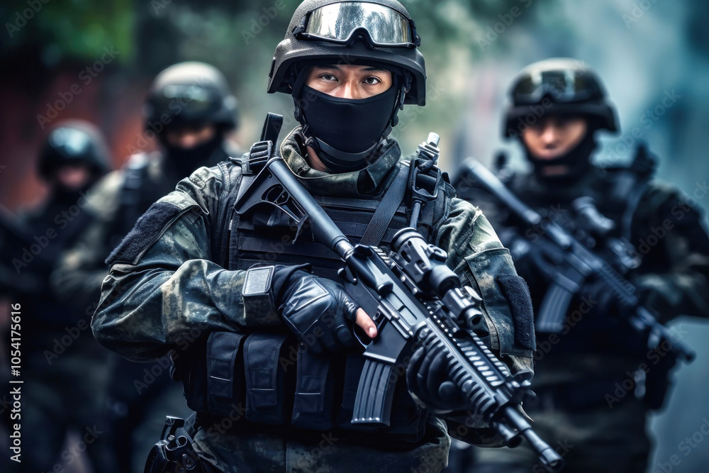 Chinese soldier in combat gear stands ready with rifle, alongside ...