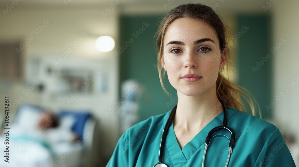 A young female nurse in her thirties stands confidently in a hospital ...