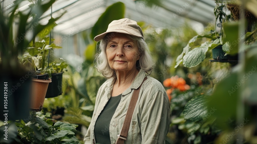 A portrait of an elderly female botanist standing in a greenhouse ...