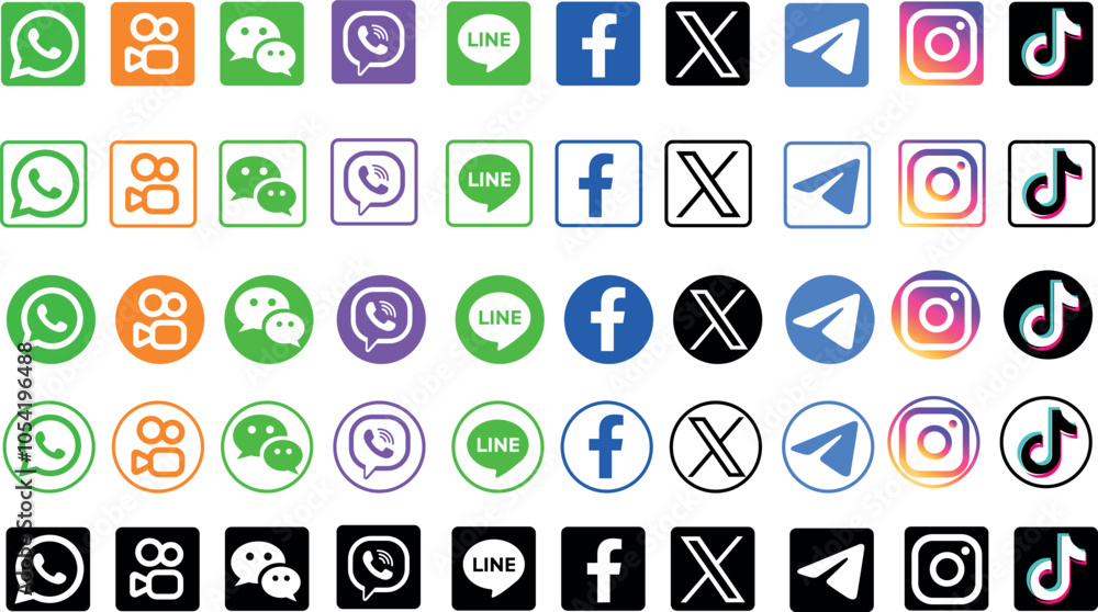 set of social media icons in different shapes of social networks ...