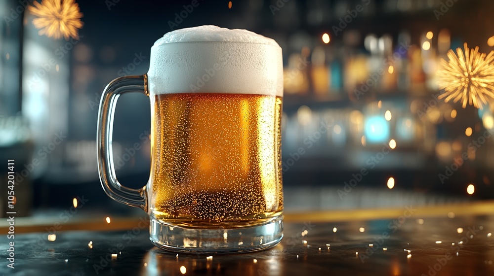 Beer Mug with Fireworks in the Background: A frothy beer mug sits on a ...