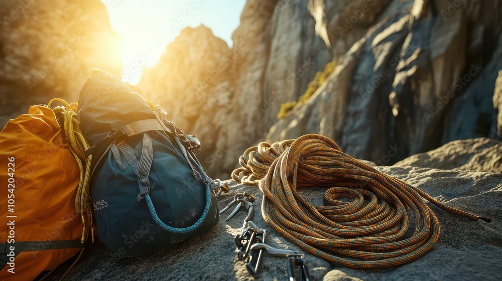 Premium Rock Climbing Gear on Granite Ledge: El Capitan Backdrop ...