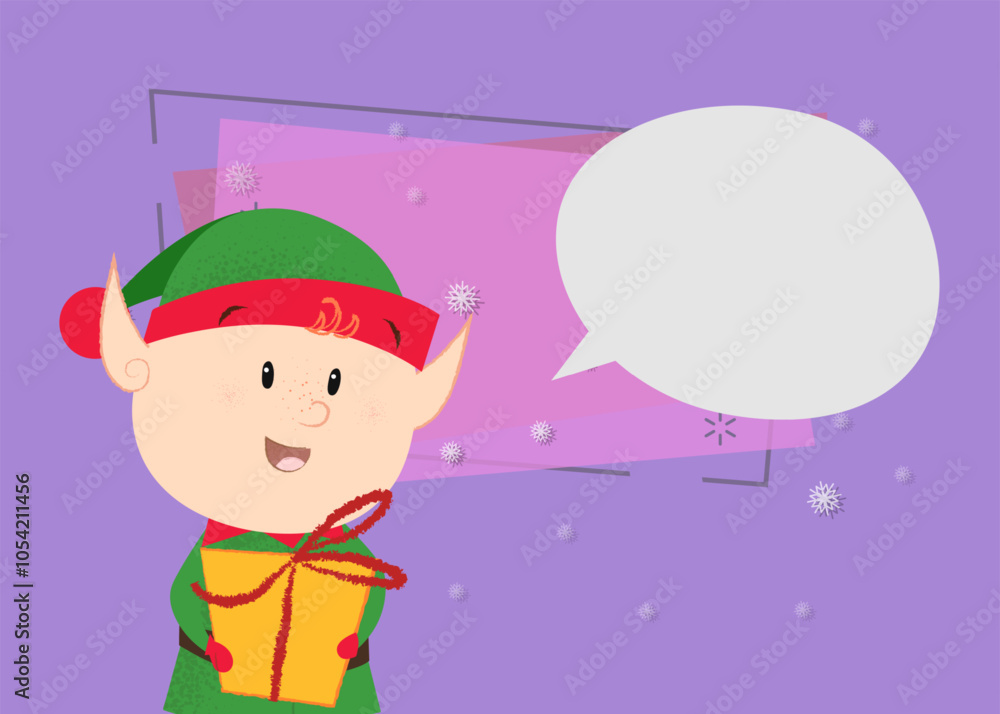 Christmas poster template design. Elf giving present on abstract ...