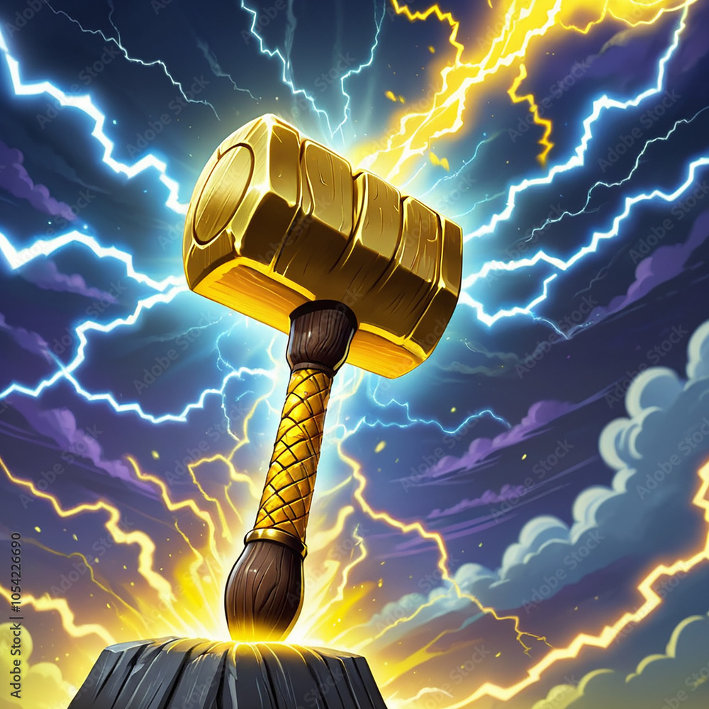 A golden hammer with a wooden handle is shown against a background of ...