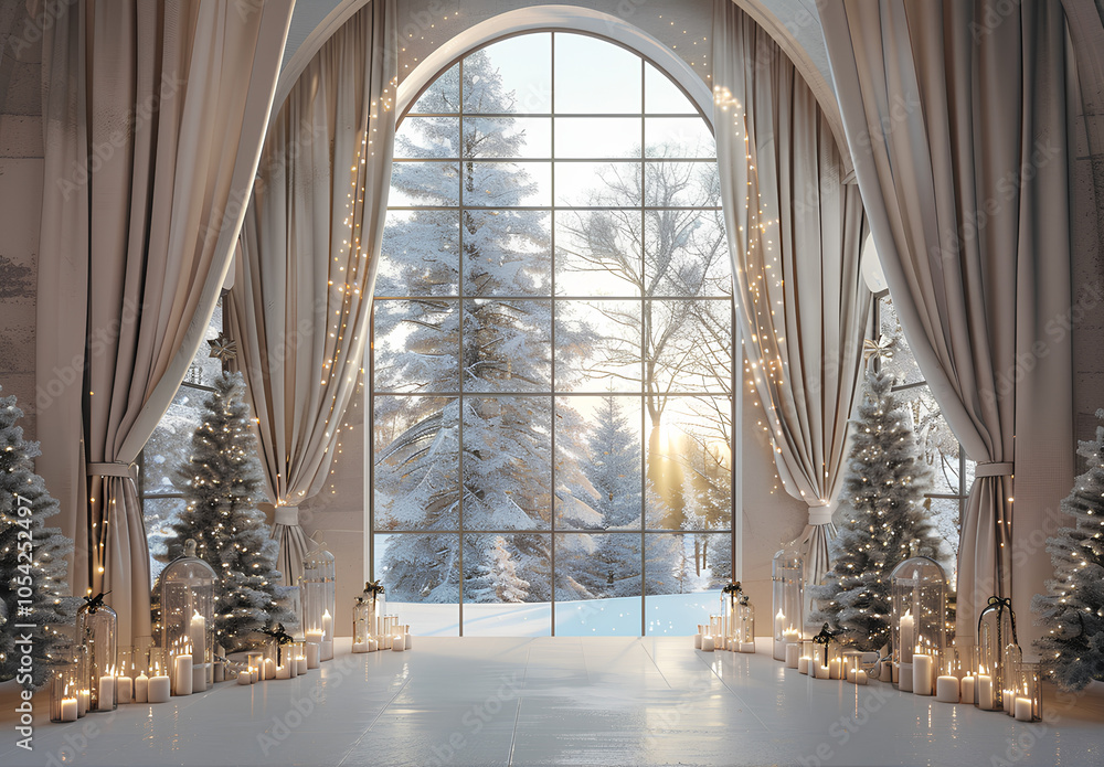 wide, arched window with white curtains and candles. A large room with ...