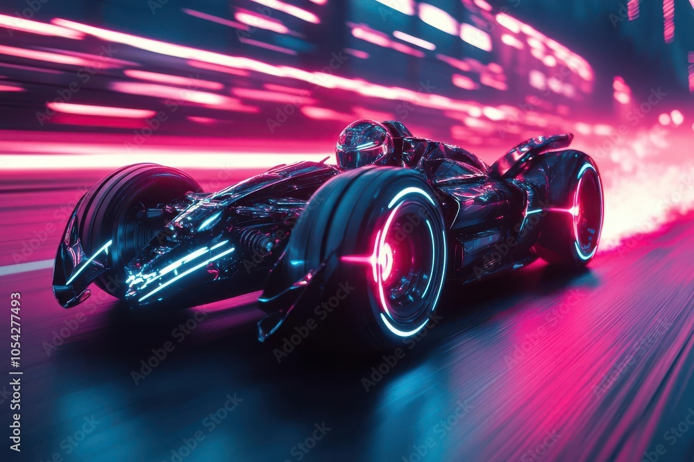 A futuristic robot winning a race, high-tech race track, cyberpunk ...