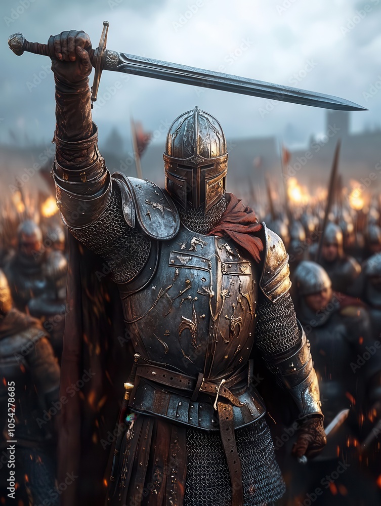 A victorious medieval knight raising a sword, battlefield backdrop ...