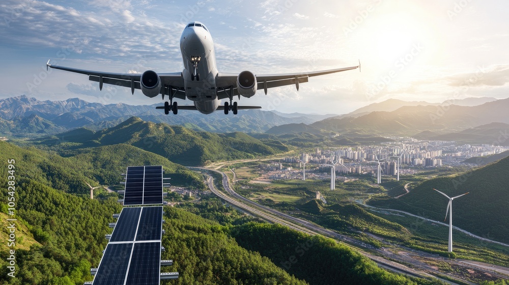 The collage showcases an airplane, solar panels, and wind turbines with ...