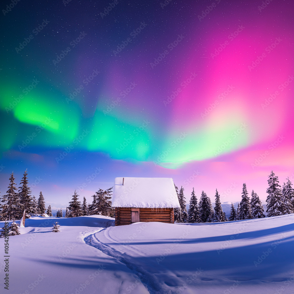 Fairy winter landscape with path in the snow and wooden cabin under ...