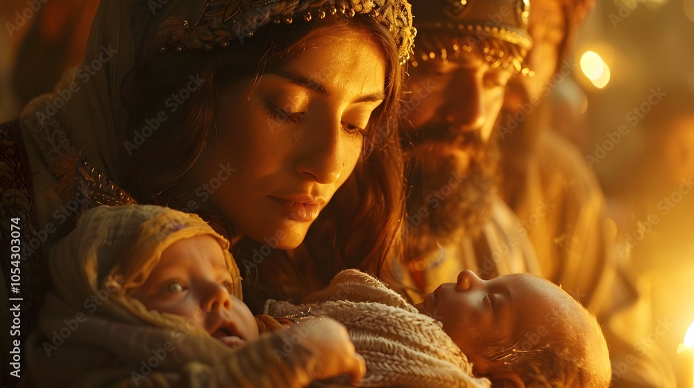 Baby Jesus cradled in Mary’s arms as the three wise men kneel and bow ...