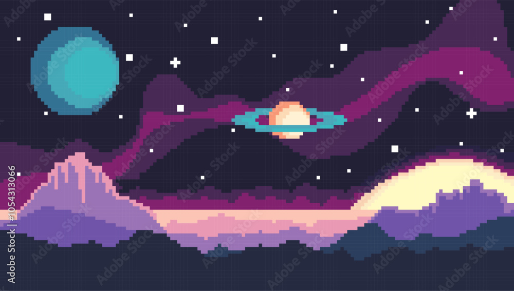 Cartoon Color Pixelated 8 Bit Cosmic Area. Vector illustration of Pixel ...