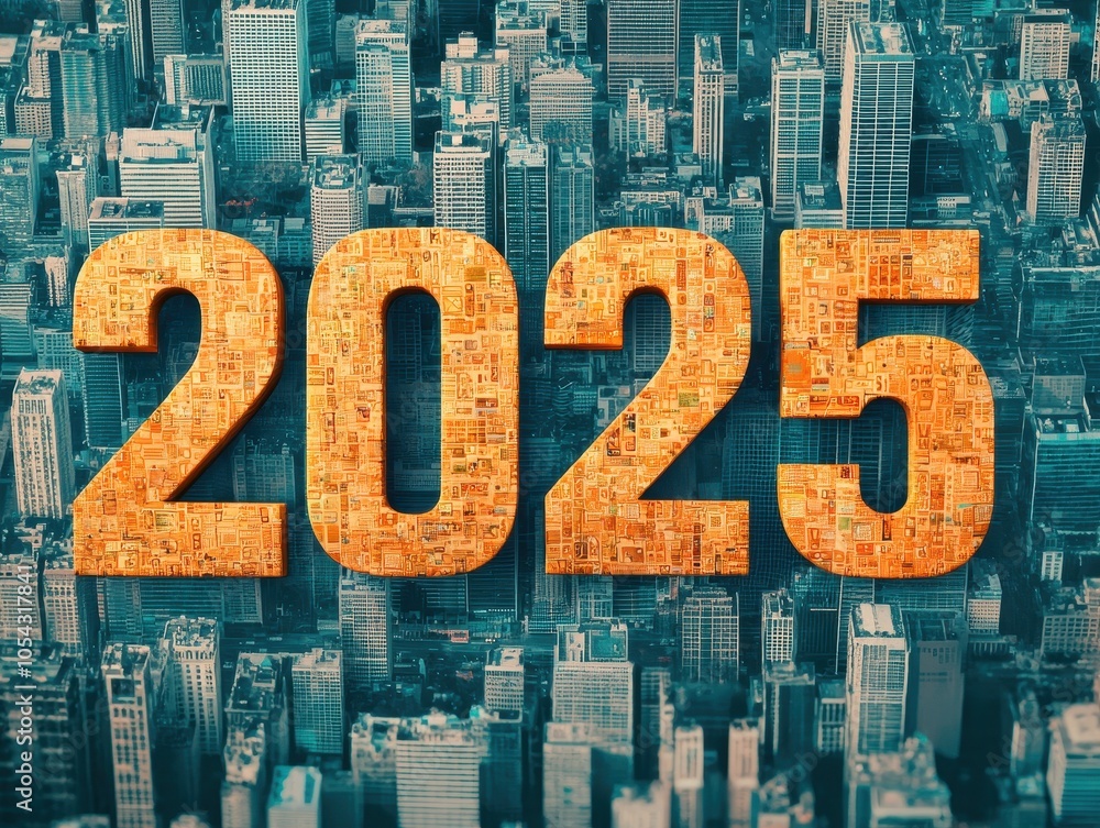 Vibrant 2025 numbers against a city skyline background, symbolizing ...