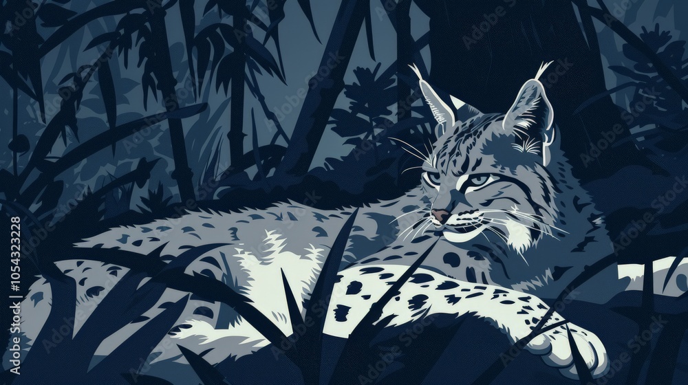 Scene of a bobcat lurking in bushes flat design side view stealthy ...