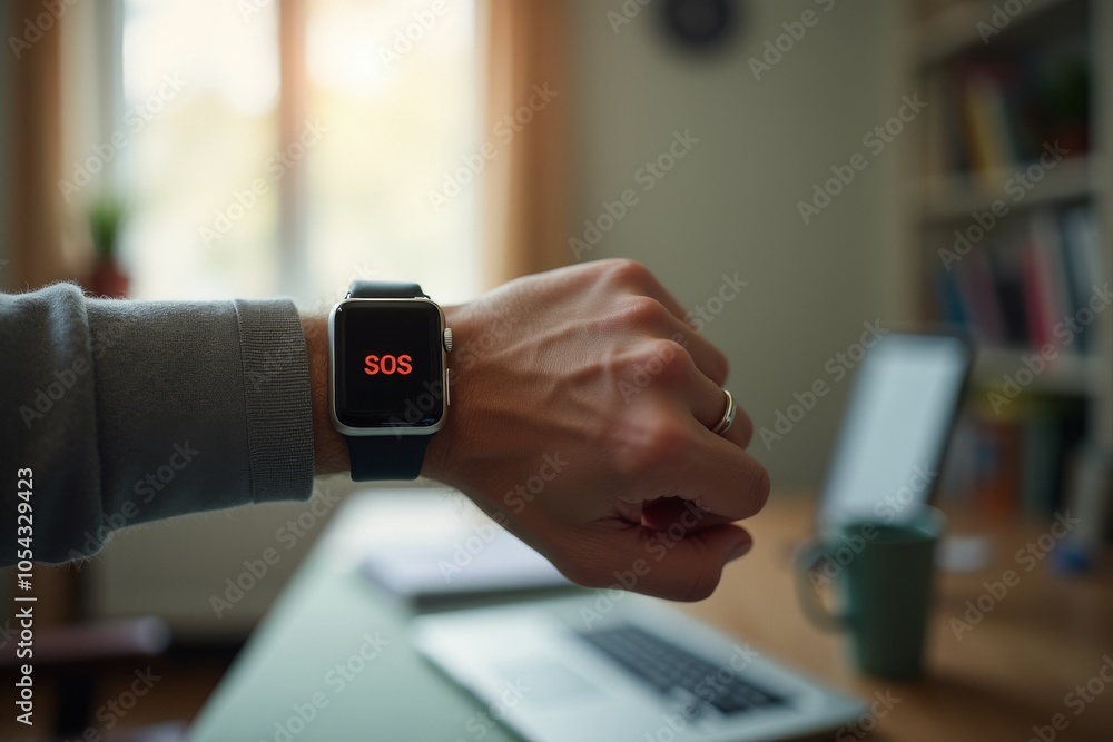 A smartwatch with a red SOS display on a person’s wrist in a home ...