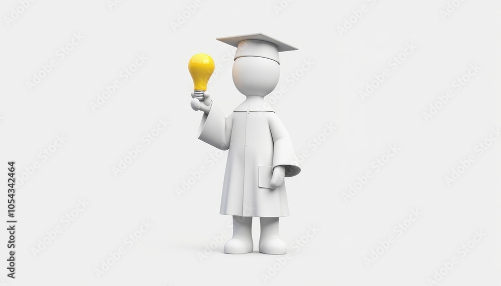 3D stick figure graduate holding a glowing light bulb for a bright ...
