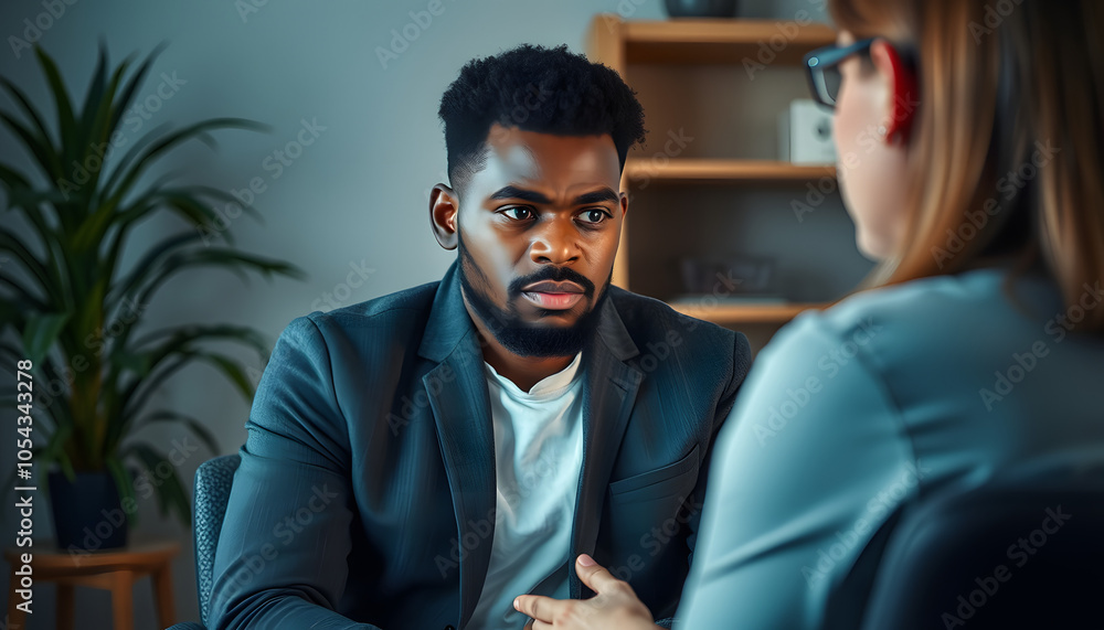 Psychological counselling. Black male patient with depression having ...
