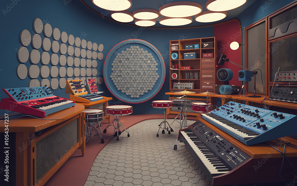 Retro Music Studio with Blue and Red Synths - A vintage music studio ...