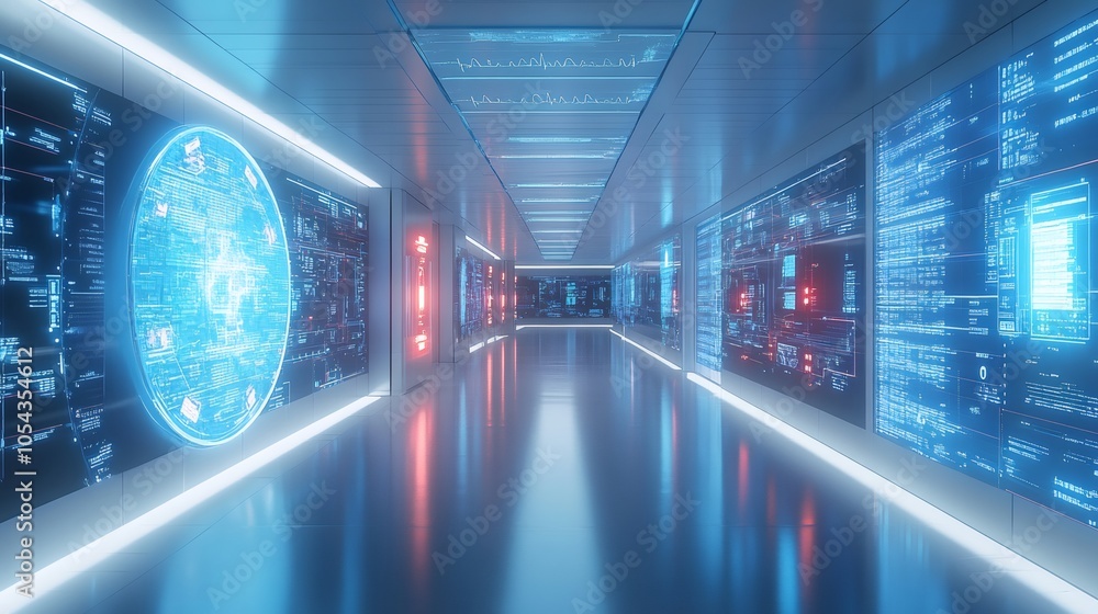 hospital digital integration, modern hospital hallway with led screens ...