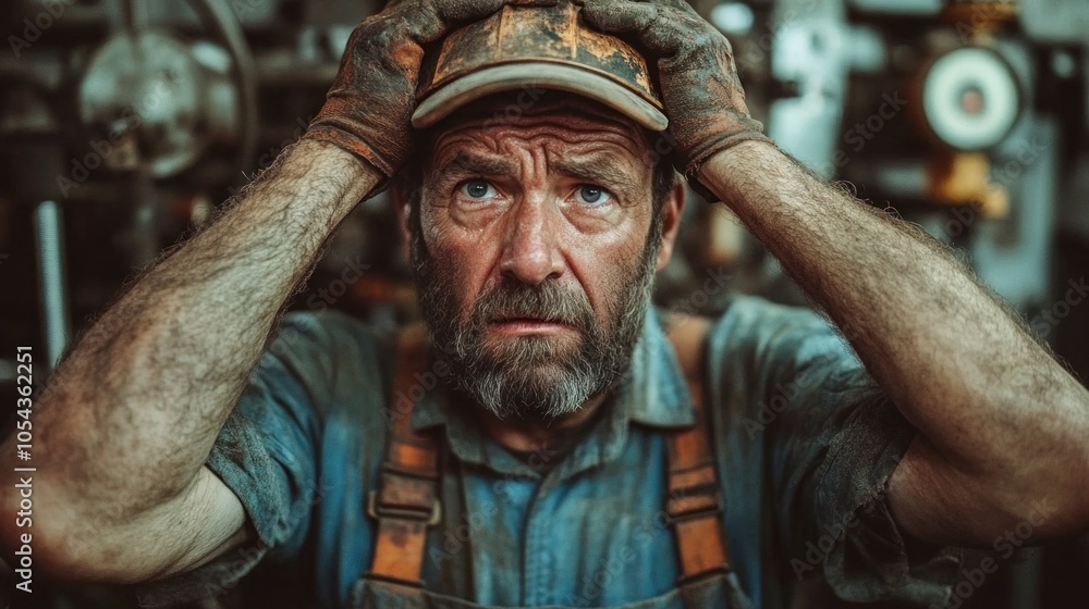 Worker experiencing frustration with outdated equipment, challenges of ...