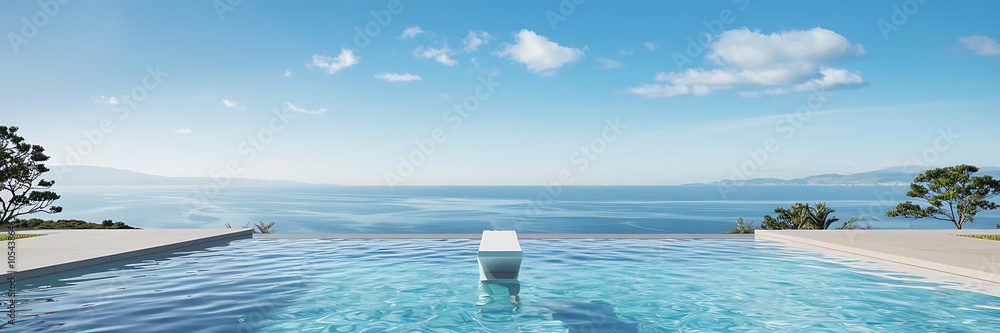 Blue infinity pool overlooking ocean with white diving board and blue ...