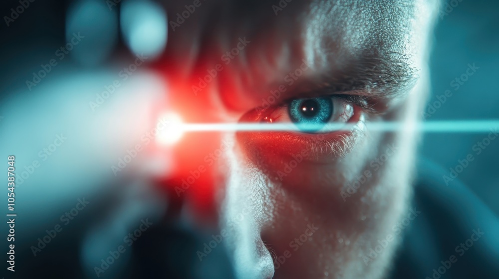 A close-up of a person's focused eye with a piercing red laser beam ...