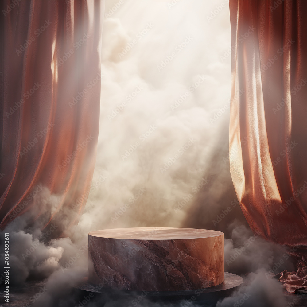 Mysterious stage unveiled with mist and glowing light amidst rich ...