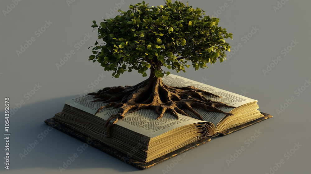 Tree growing from an open book with roots spreading outward Stock ...