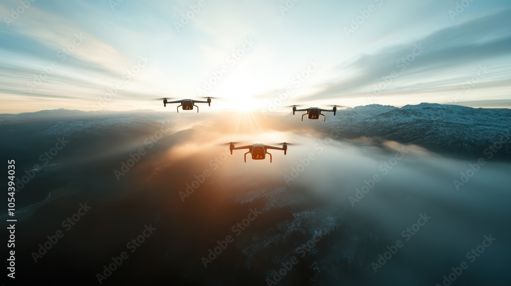 This breathtaking image captures three drones soaring over misty ...