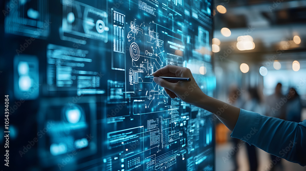 A highly detailed photography of a software architect drawing system ...