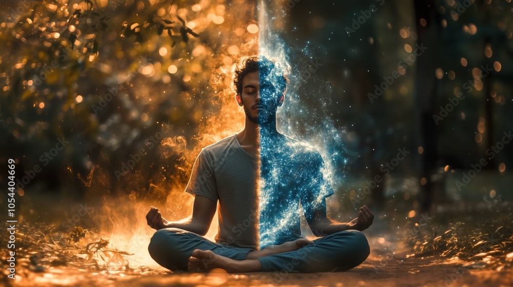 Meditative man with split fire and ice aura, representing spiritual ...